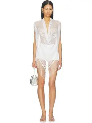 1XBLUE Upcycled Lace Top With Fringe Trim - White