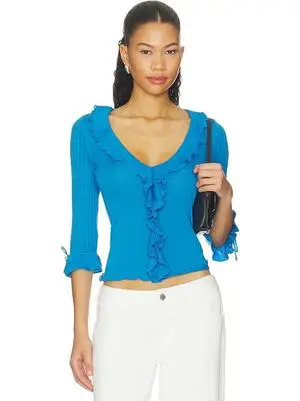 With Jéan Emily Ribbed Knit Ruffle Top - Blue