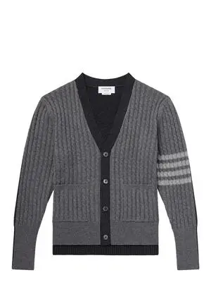 Thom Browne Cable Knit Virgin Wool Cardigan With Four-bar Stripe - Gray