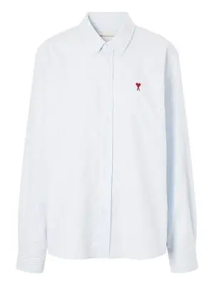 AMI Paris Embroidered Striped Cotton Oxford Shirt - Blue