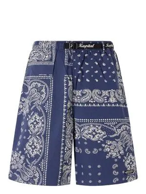 Kapital Belted Patchwork Bandana Print Cotton Shorts - Blue