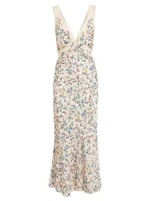 Rabanne Floral Print Satin Maxi Dress With Lace Trim - Ecru