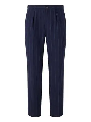 DRAKE'S Games Straight-leg Pinstriped Cotton And Linen-blend Suit Trousers - Blue