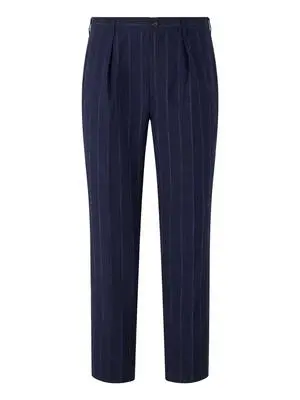 DRAKE'S Games Straight-leg Pinstriped Cotton And Linen-blend Suit Trousers - Navy