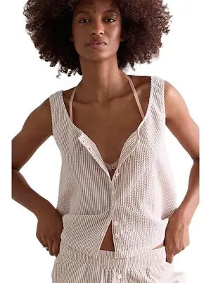 NUDEA Nudea Cotton Seersucker Button-Down Tank Mocha Stripe
