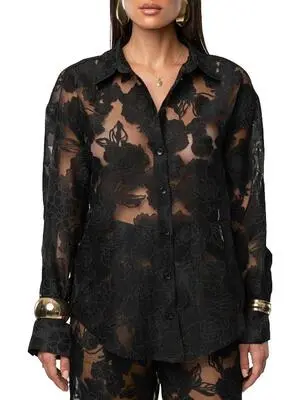 JLUXLABEL Embroidered Floral Cotton Blend Organza Button-up Shirt - Black