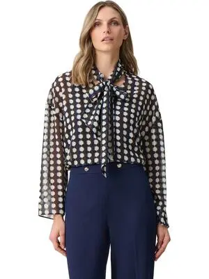 Joseph Ribkoff Geometric Print Sheer Chiffon Tie Neck Blouse - Brown/multi