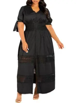 BUXOM COUTURE Puff Sleeve Lace Maxi Dress - Black