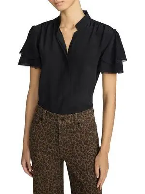 FRAME Arcadia Layered Ruffle Silk Top - Black