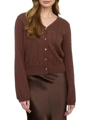 ZOE AND CLAIRE Pointelle Cotton Cardigan With Goldtone Buttons - Brown