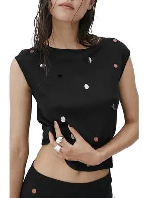 Mango Sequined Short Sleeve Knit Top - Black