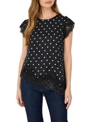 ZOE AND CLAIRE Polka Dot Lace Trim Top - Black