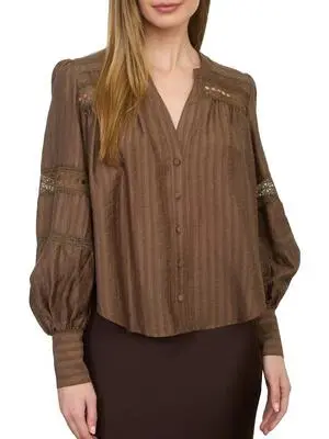 ZOE AND CLAIRE Lace Detail Bishop Sleeve Stripe Blouse - Brown
