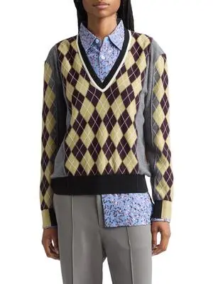 ZANKOV Colorblock Argyle Merino Wool V-neck Sweater - Grey Melange Multi