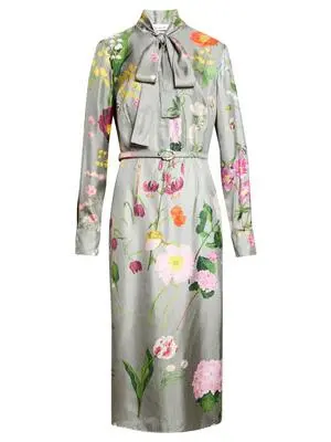 Oscar De La Renta Floral Print Long Sleeve Silk Midi Dress - Grey Multi