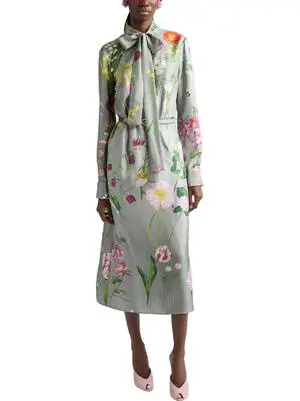 Oscar De La Renta Floral Print Long Sleeve Silk Midi Dress - Grey Multi