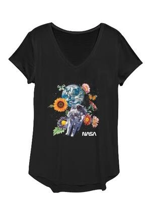 NASA Astronaut Floral Graphic V-neck T-shirt - Black