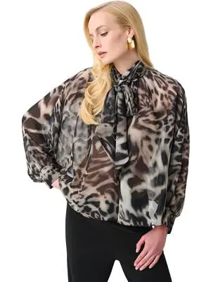 Joseph Ribkoff Chiffon Animal Print Mock Neck Tie Detail Blouse - Grey/multi