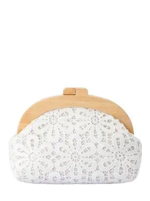 OLGA BERG Bonnie Lace Clutch With Wood Frame - White