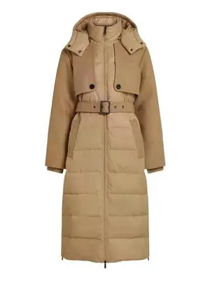 Karl Lagerfeld Belted Long Puffer Jacket With Detachable Hood - Neutrals