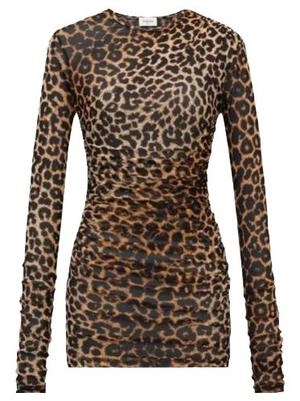 Saint Laurent Ruched Print Mini Dress - Leopard