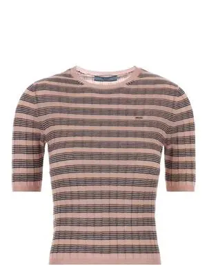 Prada Prada Short-Sleeved Striped Cashmere And Silk Sweater Pink/blue