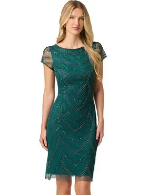 Adrianna Papell Deco Beaded Cocktail Dress With Sheer Cap Sleeves - Gem Green