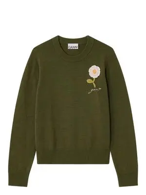 GANNI Sweater With Crochet Flower Detail - Green