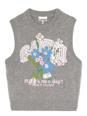 GANNI Floral Graphic Wool Vest - Grey