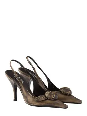 Prada Leather Slingback Pumps With Floral Appliqu - Neutral