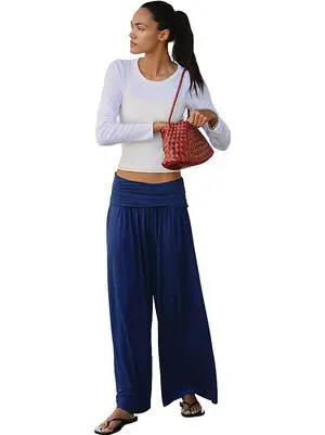 LYREBIRD Foldover Wide-leg Pants - Navy
