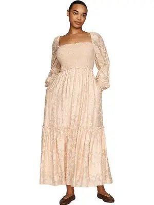 Anthropologie Tiered Puff Sleeve Midi Dress - Beige