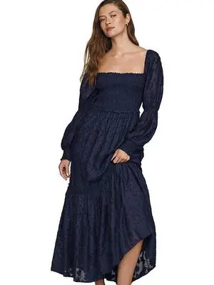 Anthropologie Tiered Puff Sleeve Midi Dress - Navy