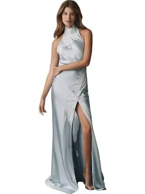 SAU LEE SAU LEE High Neck Gown With Lace Detail And Slit Light Blue
