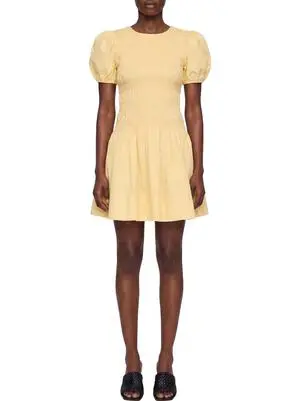 GANNI Shirred Puff Sleeve Mini Dress - Yellow