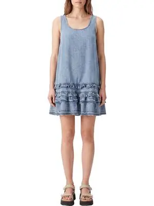 GANNI Denim Dress With Ruffled Hem - Blue