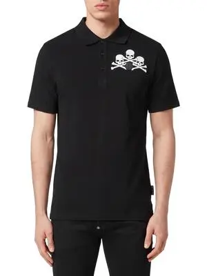 Philipp Plein Slim Fit Cotton Polo Shirt With Skull Print And Hexagon Logo - Black