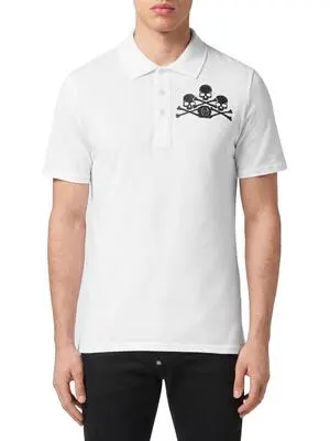 Philipp Plein Slim Fit Cotton Polo Shirt With Skull Print And Hexagon Logo - White