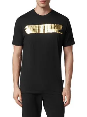 PLEIN SPORT Cotton Crew Neck T-shirt With Contrast Laminated Logo - Black
