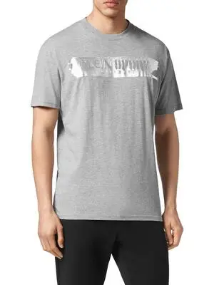 PLEIN SPORT Cotton Crew Neck T-shirt With Contrast Laminated Logo - Grey