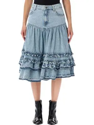 GANNI Tiered Denim Midi Skirt - Blue