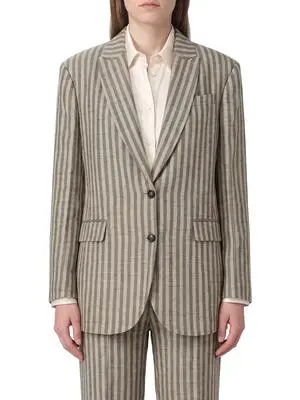 Brunello Cucinelli Striped Linen Single-breasted Blazer With Peak Lapels - Green