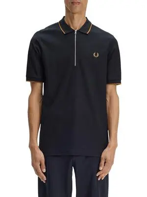 Fred Perry Zip-up Cotton Polo Shirt With Contrast Trims And Embroidered Logo Black