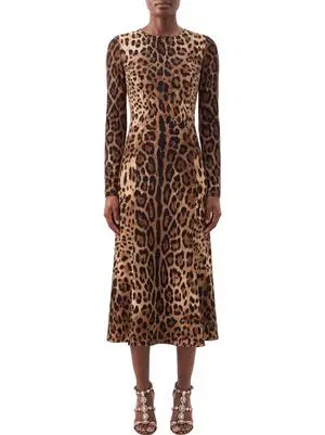 DOLCE & GABBANA Dolce & Gabbana Long-Sleeved A-Line Midi Dress In Leopard Print Jersey