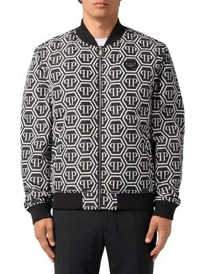 Philipp Plein Padded Bomber Jacket In Technical Fabric With Monogram Logo - Black