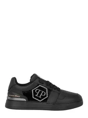 Philipp Plein Hexagon Royale Rhinestone Embellished Leather Sneakers - Black