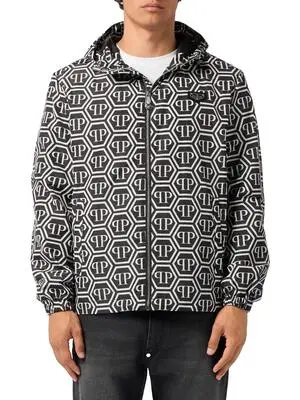 Philipp Plein Hooded Windbreaker Jacket With Hexagon Monogram Logo - Black
