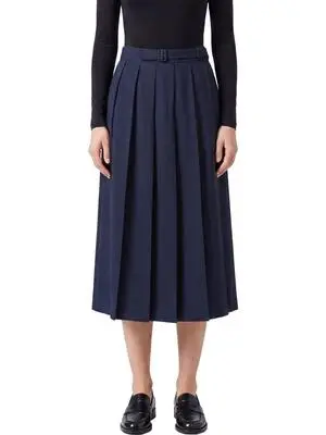Auralee Pleated Merino Wool Midi Skirt With Adjustable Belt - Navy