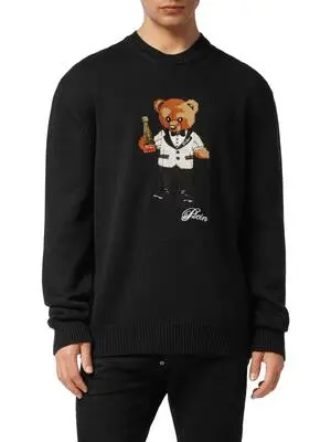 Philipp Plein Teddy Bear Print Cotton Blend Crewneck Jumper - Black