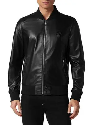 Philipp Plein Smooth Lambskin Leather Bomber Jacket - Black
